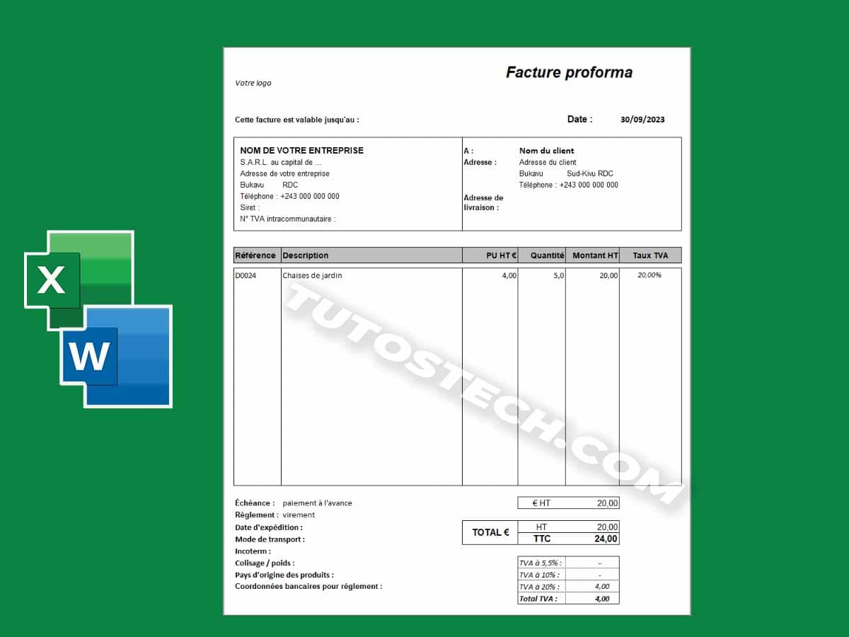 Modèle facture proforma en Excel et Word à télécharger